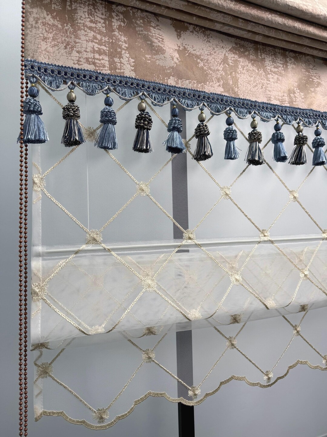 Double Layer Roman Shade With Sheer Tulle | Embossed Velvet Duo Window ...