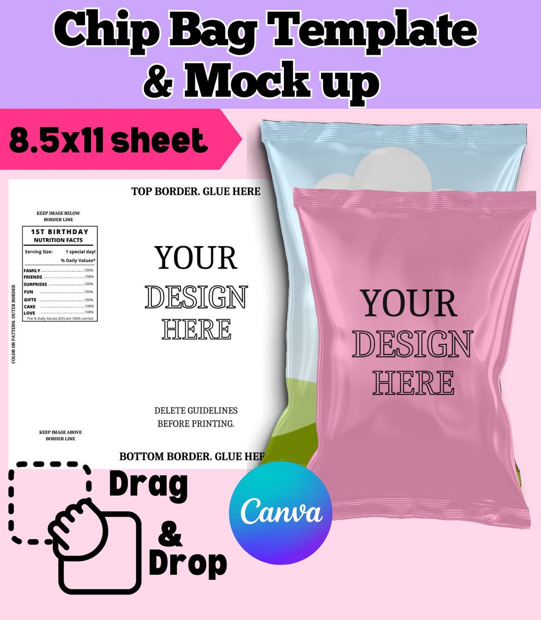 Editable Chip Bag Template: DIY Party Favor Wrapper (canva, Instant ...