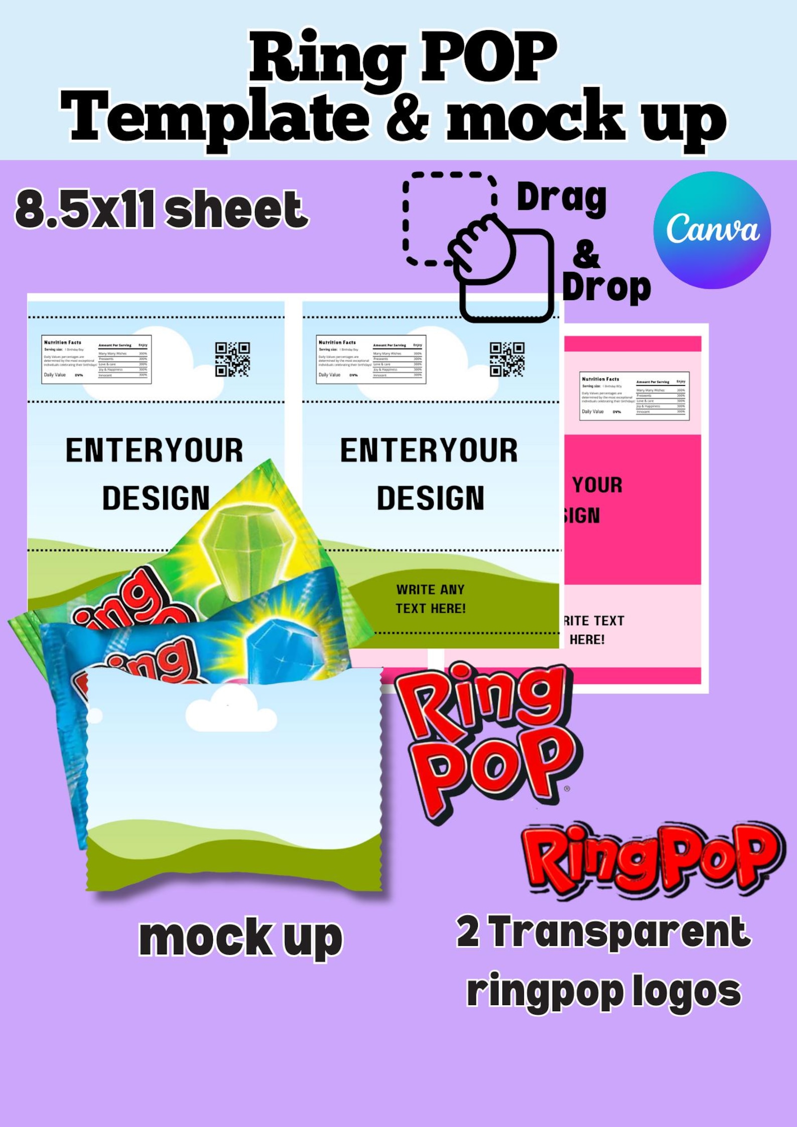 Ring Pop Party Favor Template: Editable Candy Label (digital Download ...