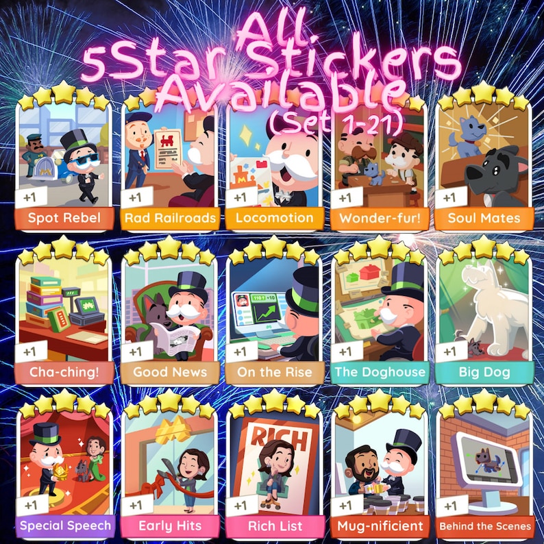 Monopoly GO 5 Star Stickers 1-21 Set All Sticker Available // Fast ...