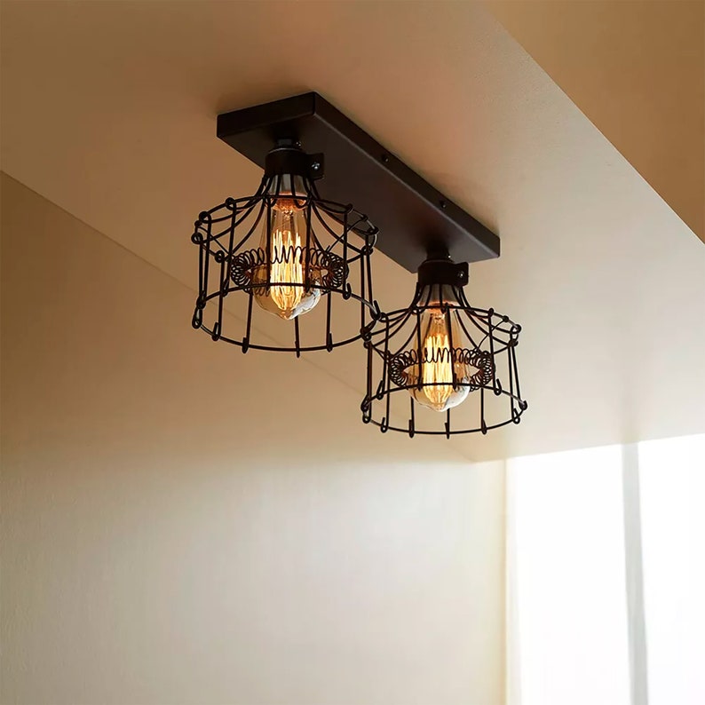Double Vintage Wire Cage Industrial Ceiling Light Antique - Rust Color ...