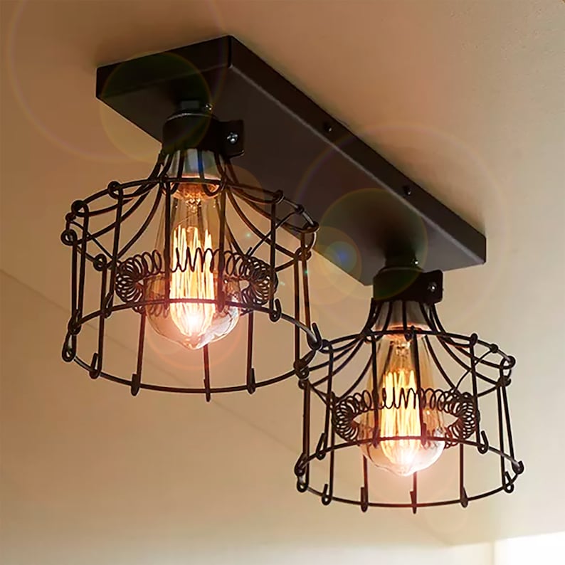 Double Vintage Wire Cage Industrial Ceiling Light Antique - Rust Color ...