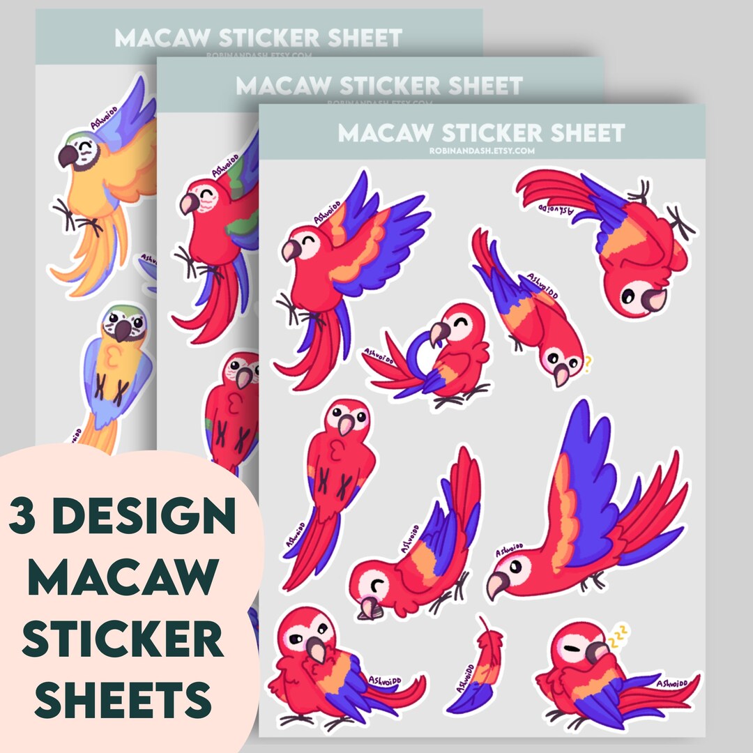 3 Design Macaw Bird A5 Sticker Sheet, Blue and Gold Macaw, Green Winged ...