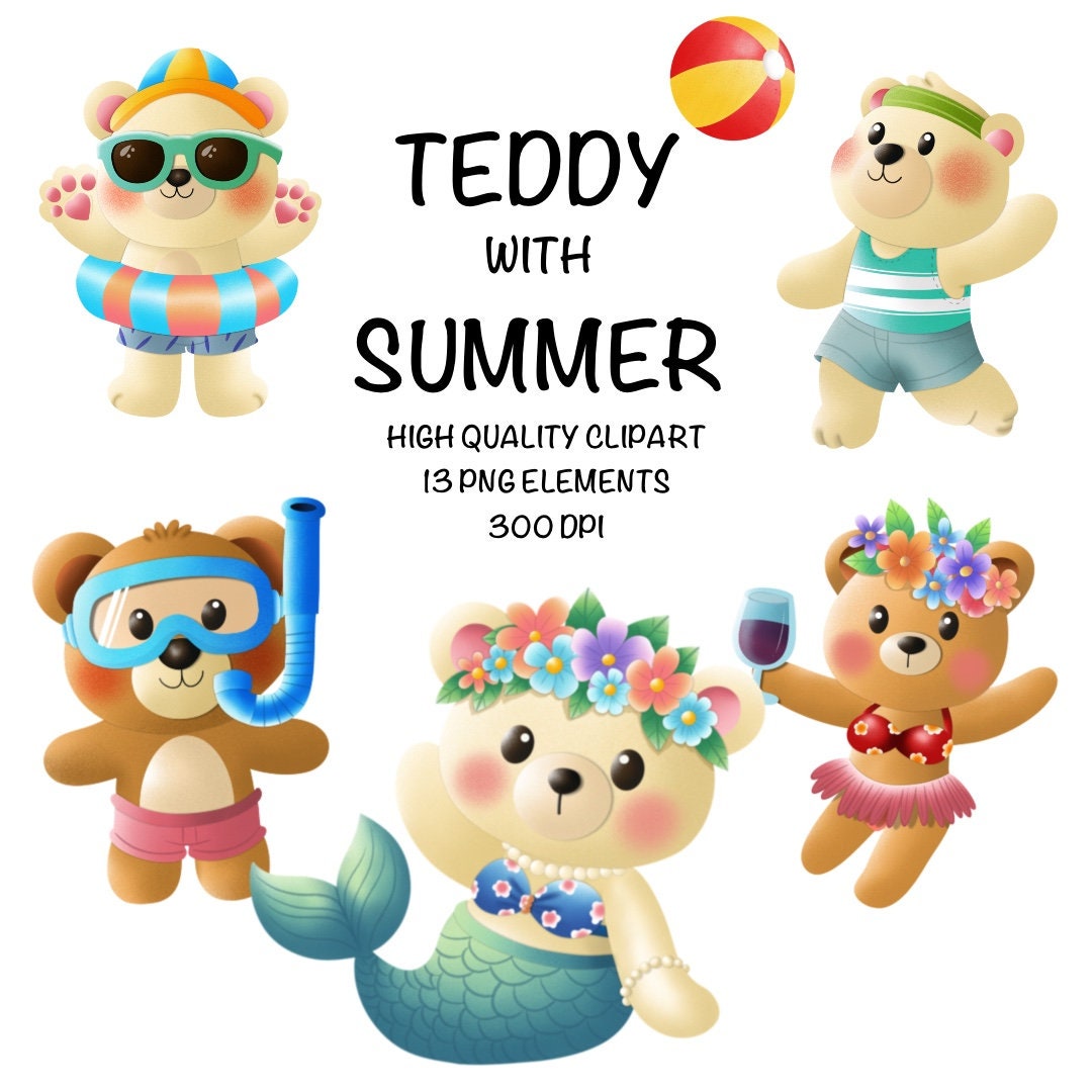 Teddy With Summer Clipart, Cartoon Teddy Bear, Summer Clipart, Water ...