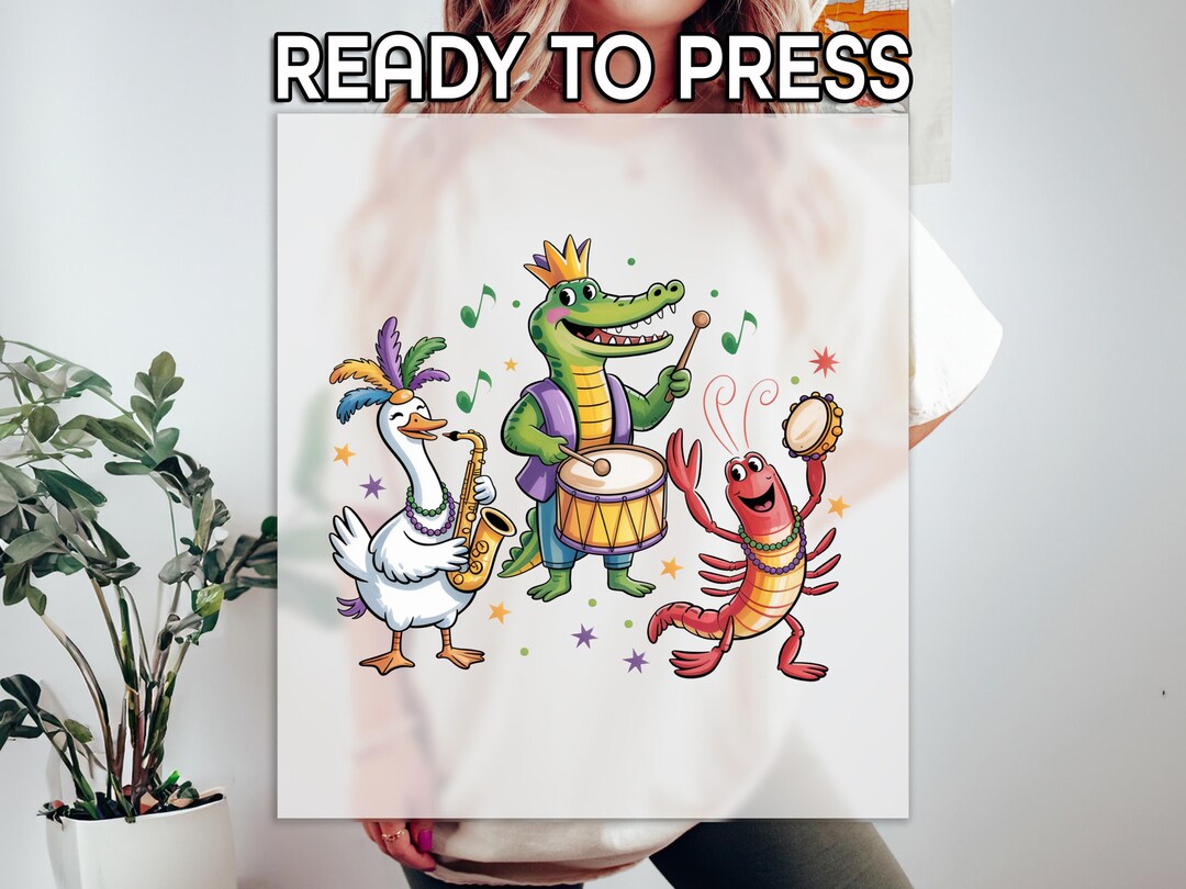 Mardi Gras Animal Band DTF Transfer, Cartoon Crocodile Duck Lobster ...