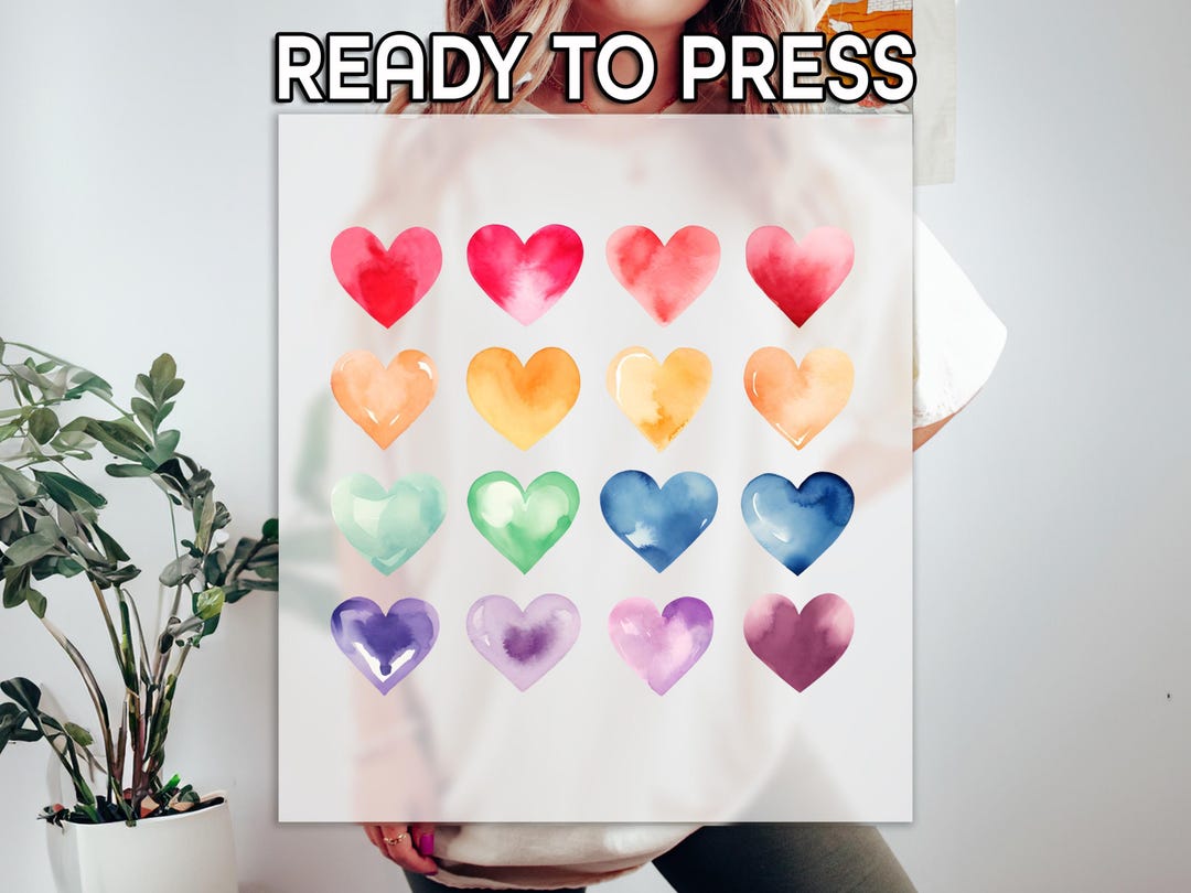 Watercolor Heart DTF Transfer, Pastel Multicolor Gradient Hearts Print ...