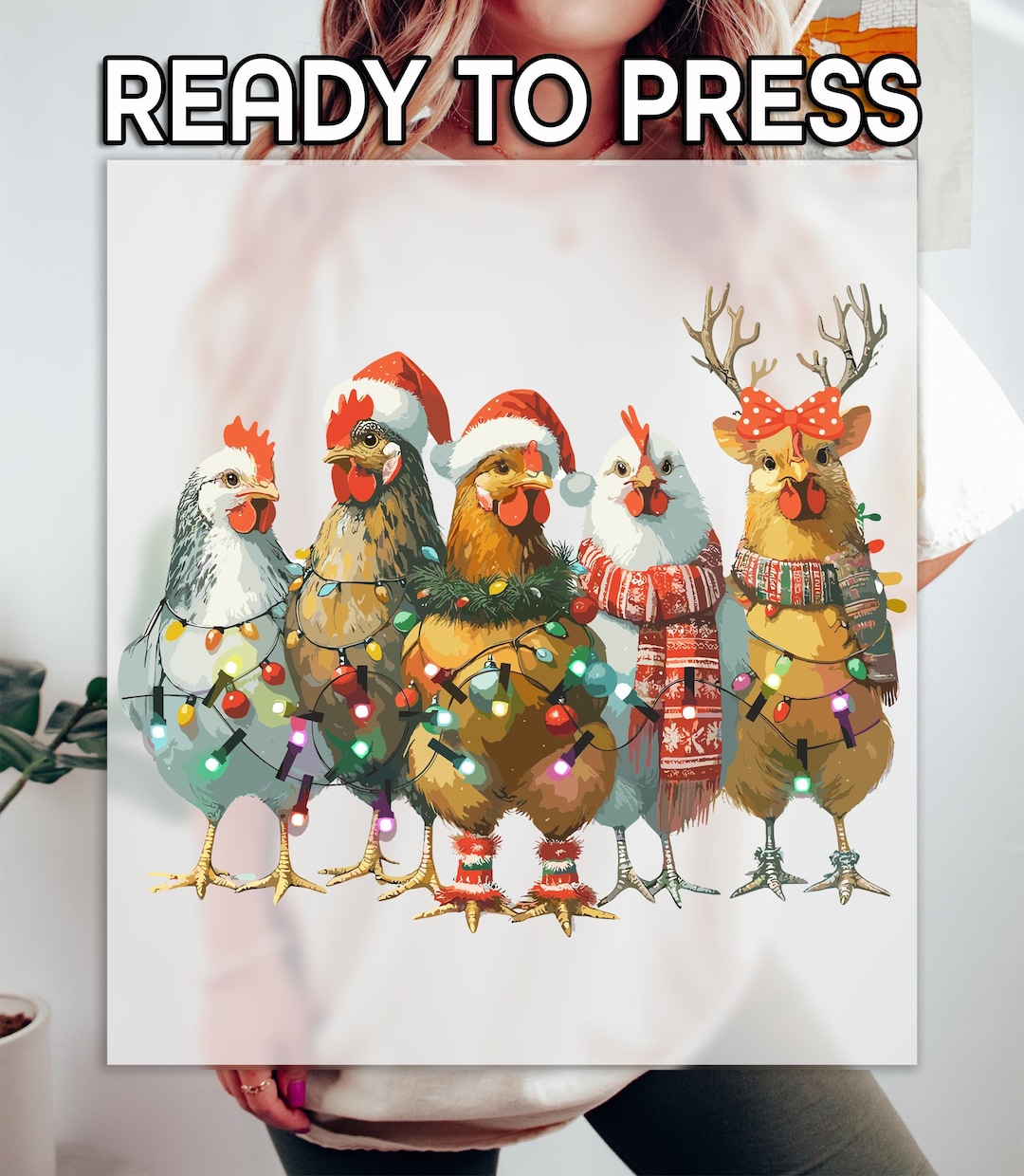 Chicken Christmas Lights Farm Animal DTF, Christmas Chickens DTF ...