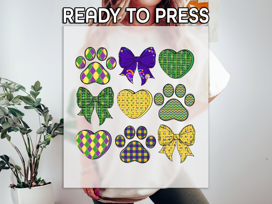 Mardi Gras Paws Ready to Press DTF, Checker Paw Print, Heat Press DTF ...