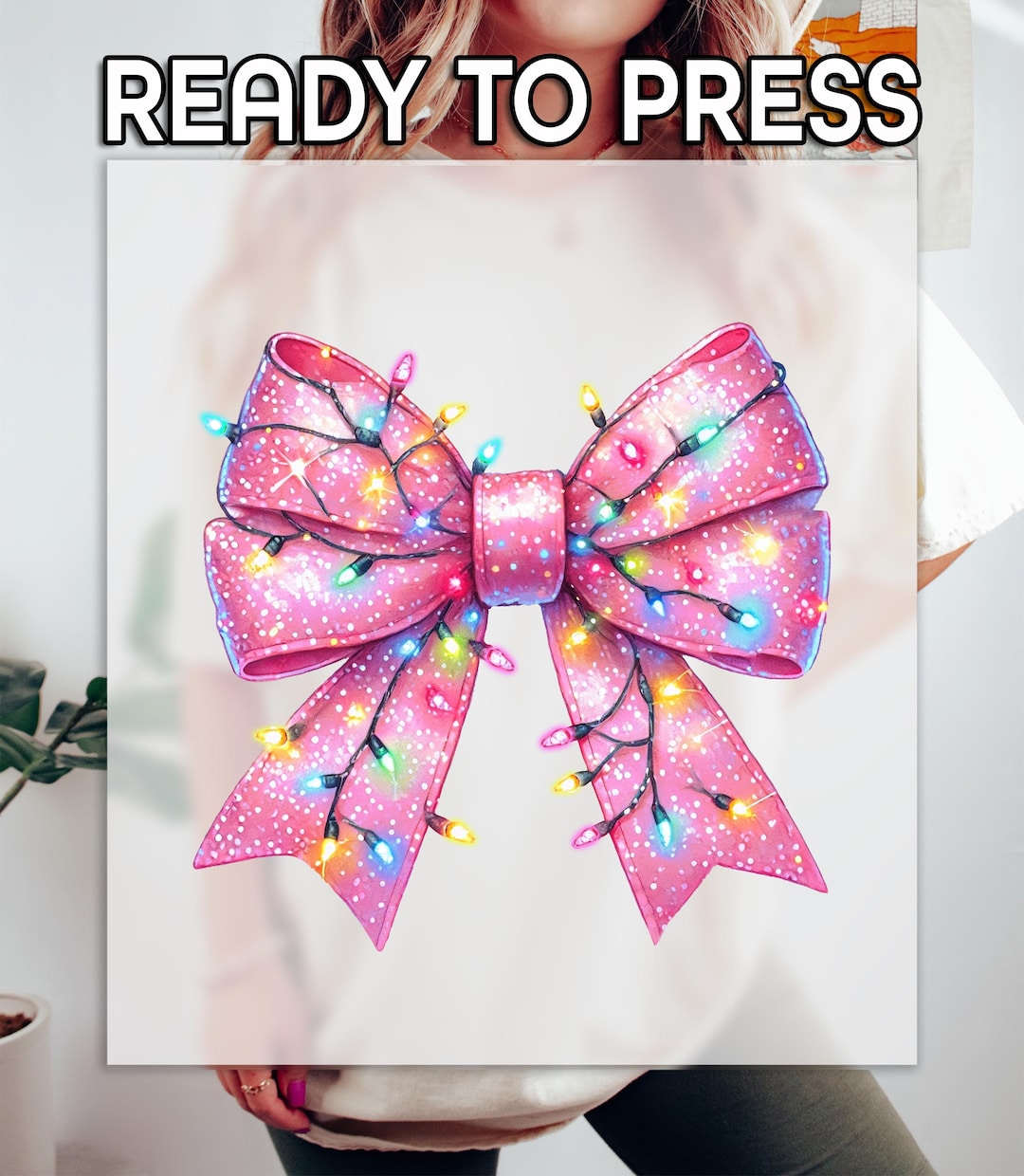Pink Bow Christmas Lights, Xmas Coquette Bow, Christmas Direct to Film ...