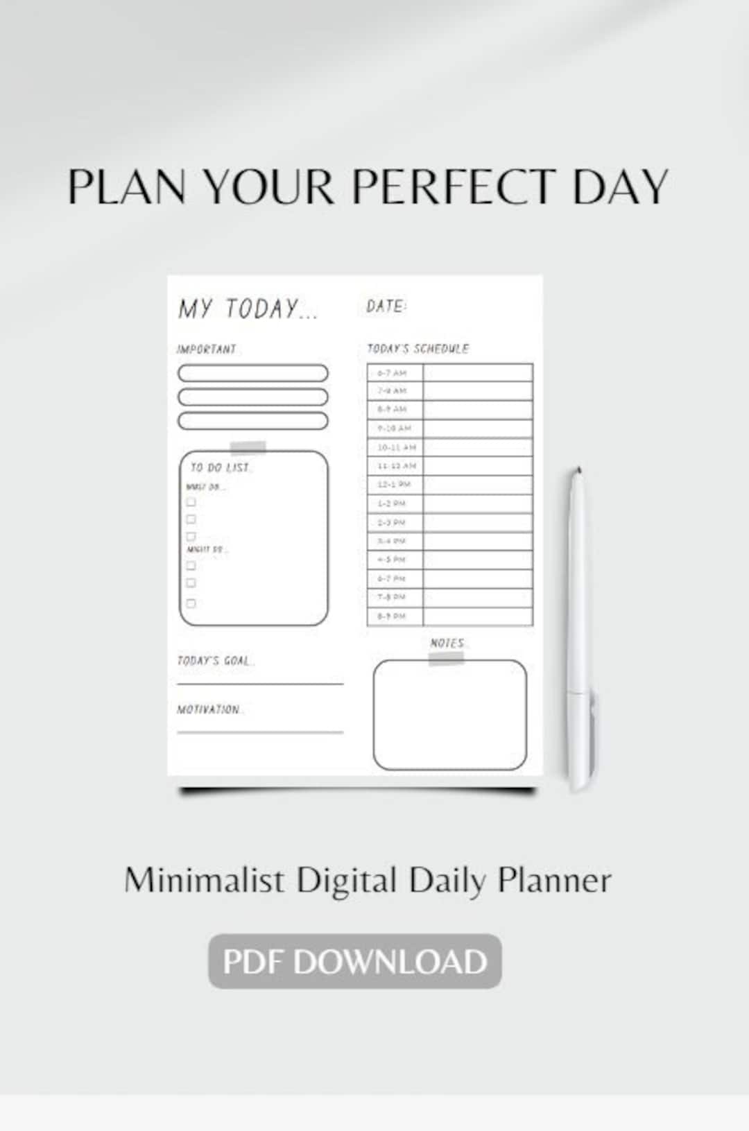Simple Printable Black and White Undated Daily Planner With Time Stamps ...
