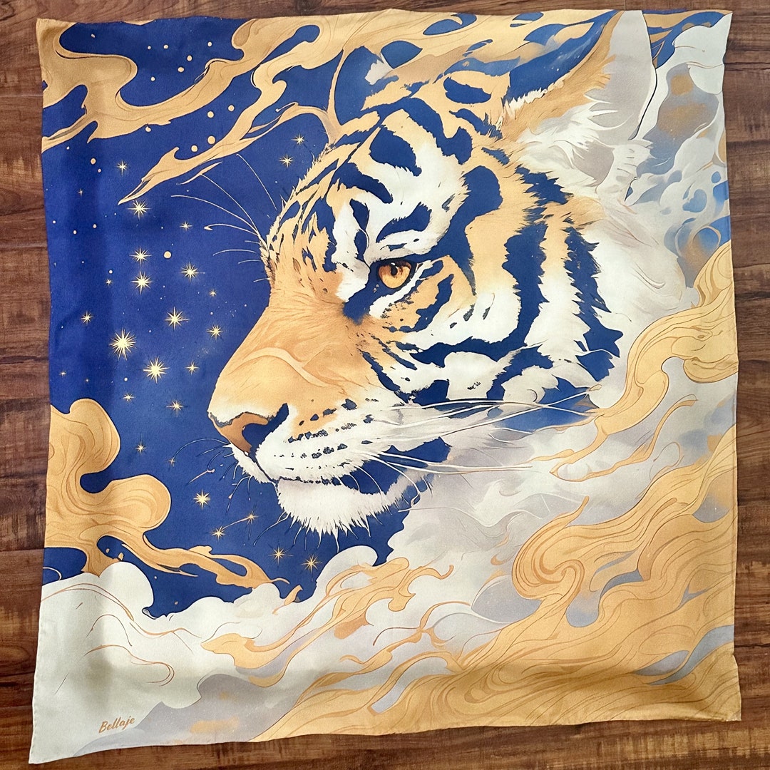 100% Silk Square Scarf Tiger, Two Sizes 27x27/35x35, Mulberry Twill ...