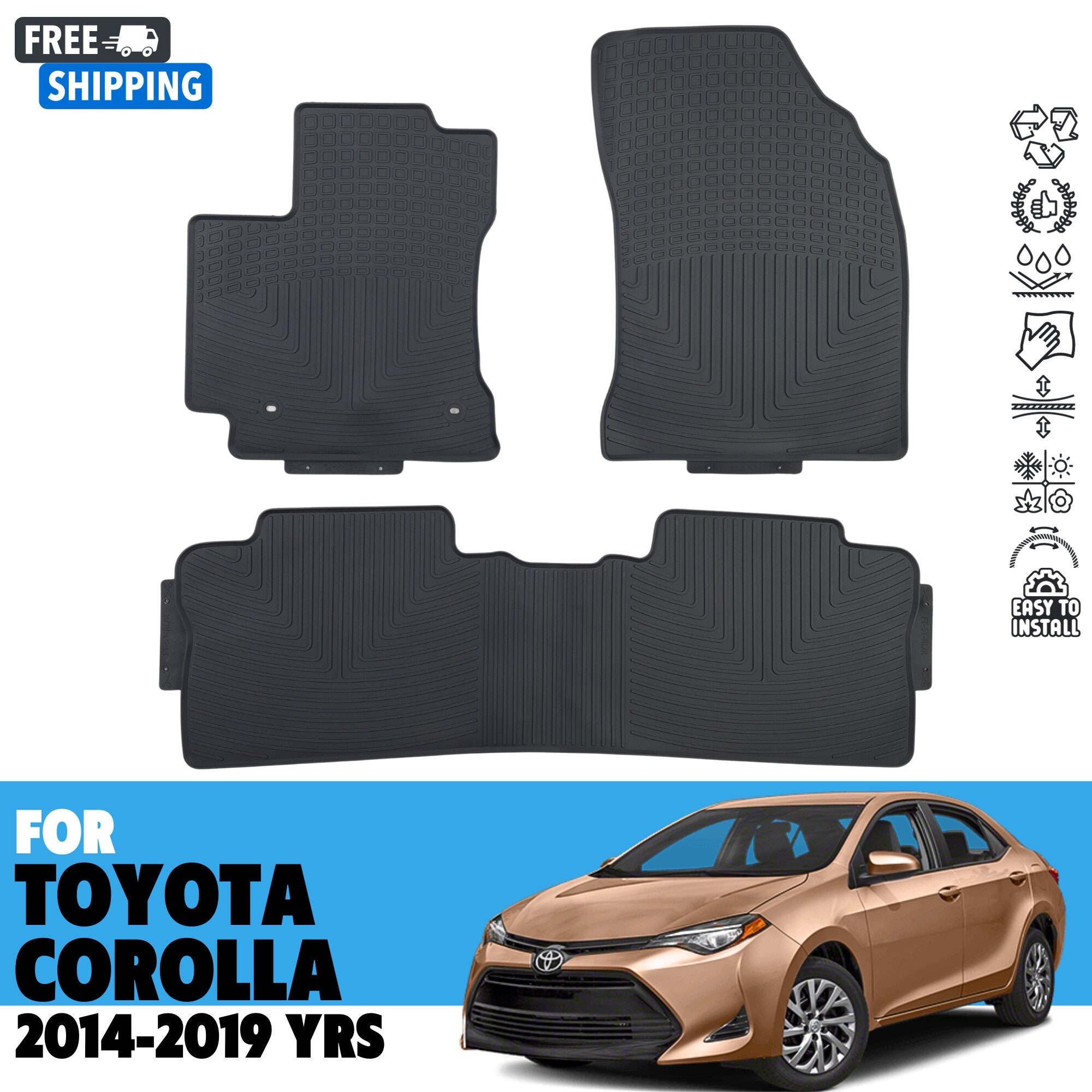 Floor Mats for TOYOTA COROLLA 2014 2019 All Weather Rubber Set Black Anti slip Flex Etsy