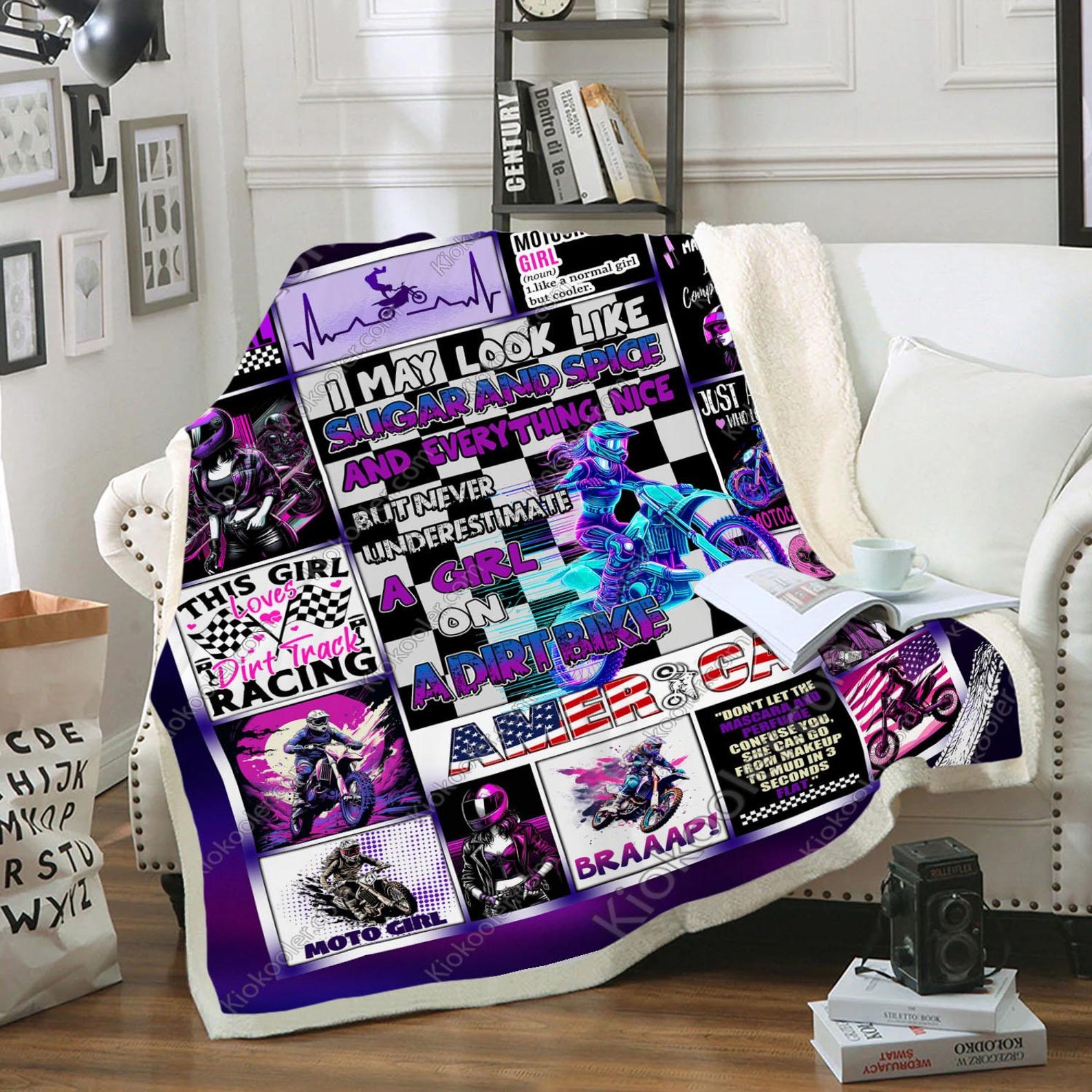 Motocross Girl Sofa, Dirt Bike Throw Blanket, Cozy Blanket, Sherpa ...