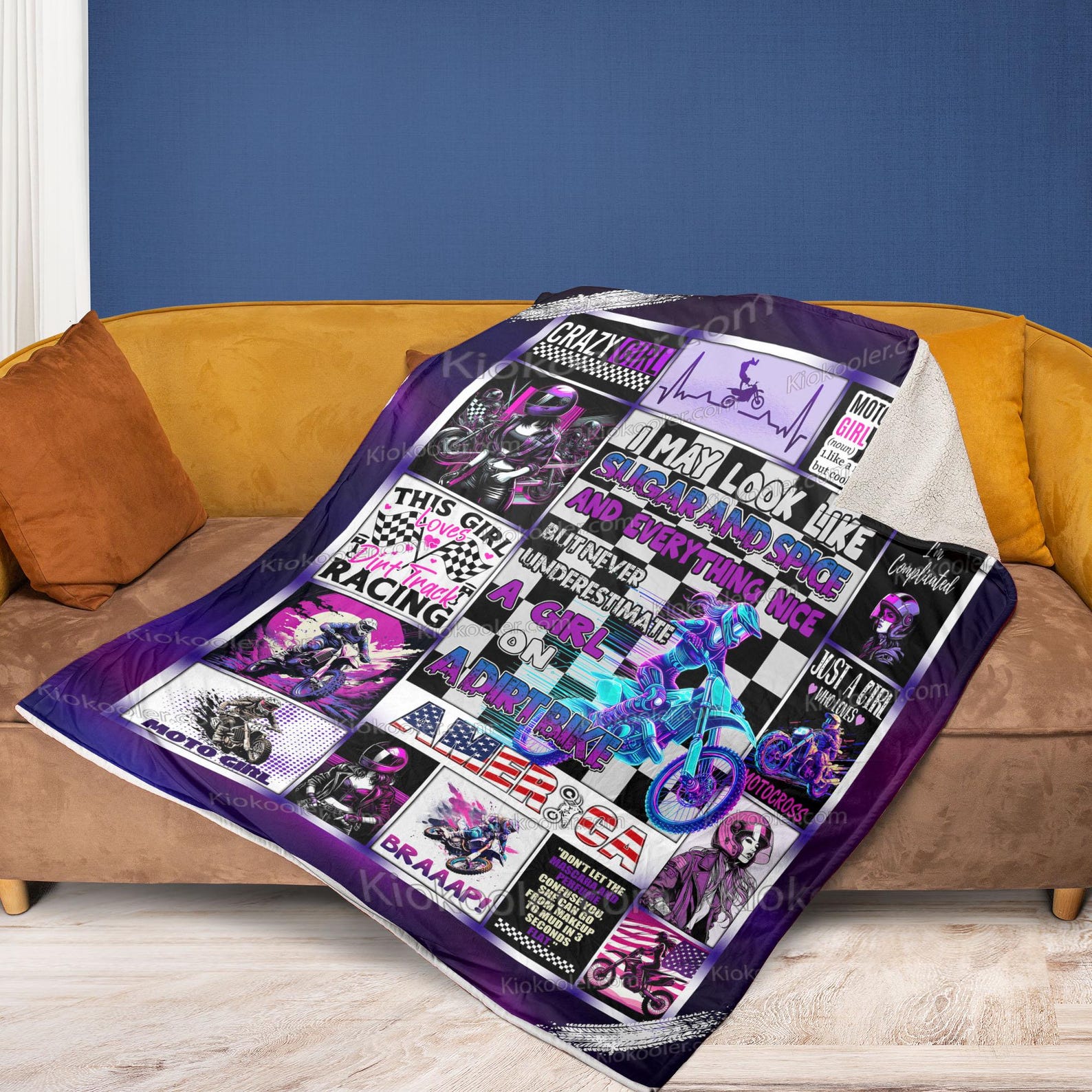 Motocross Girl Sofa, Dirt Bike Throw Blanket, Cozy Blanket, Sherpa ...