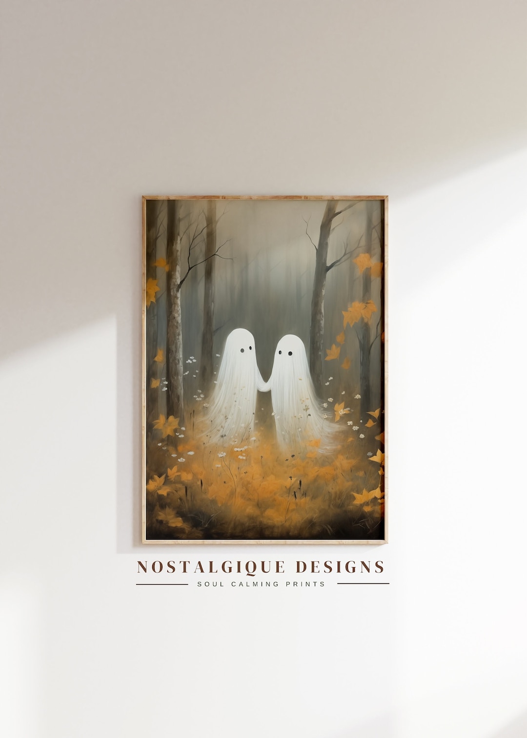 Cute Ghost Couple in Autumn Forest Wall Art, Two Ghosts in Nature ...