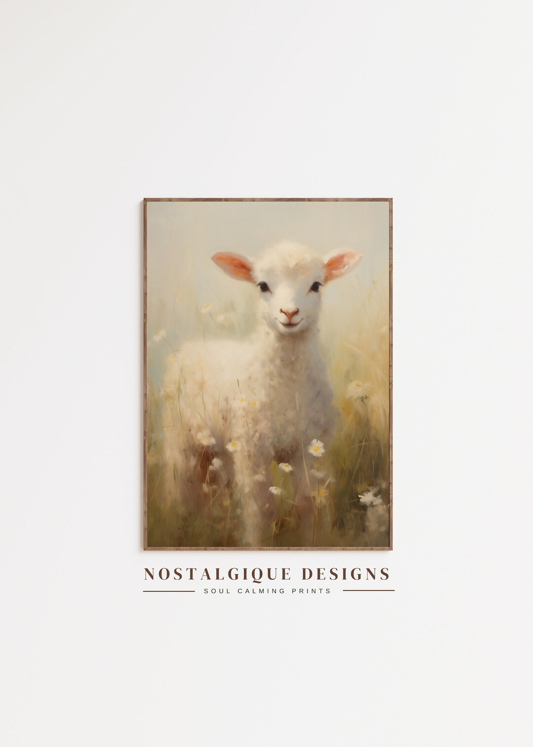 Baby Lamb in Daisy Field Painting, Vintage Easter Sheep Decor, Cute ...