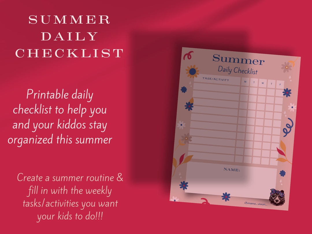 Printable Summer Daily Checklist for Kids, Create Routine During the ...