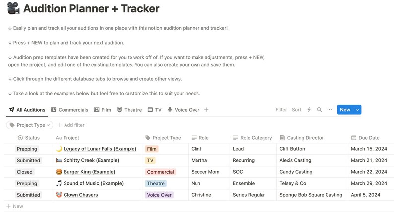Audition Planner & Tracker (notion Template for Actors) - Etsy