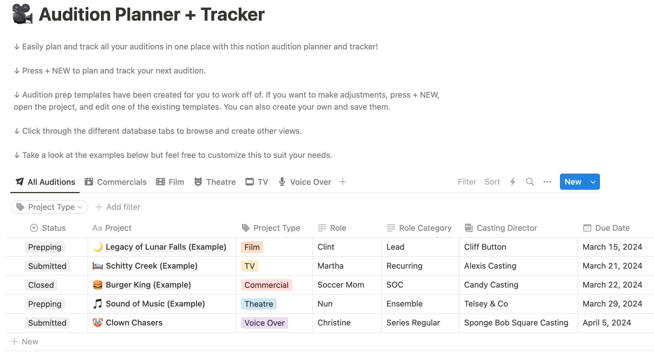 Audition Planner & Tracker (notion Template for Actors) - Etsy