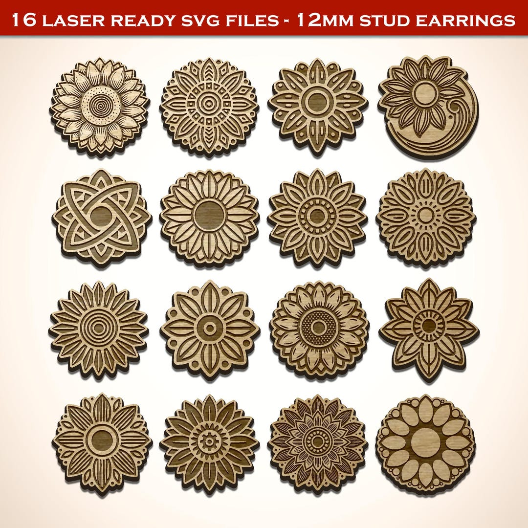 Sunflower Stud Earrings SVG Bundle – 16 Laser Cut Stud Designs for ...