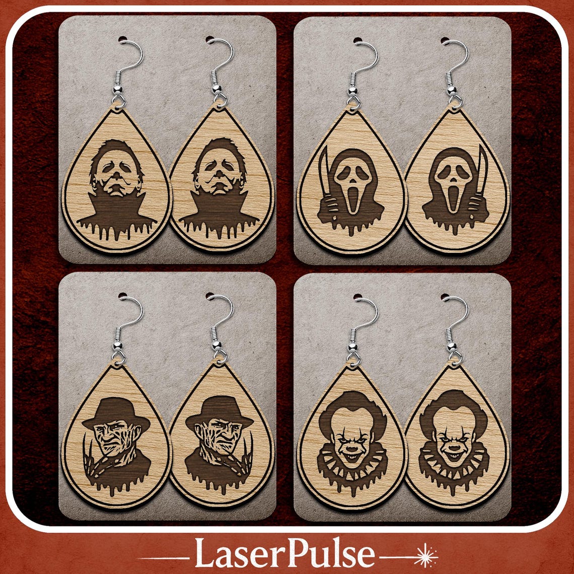 Horror Character Earrings SVG Bundle – 4 Teardrop Laser Cut & Engraving ...