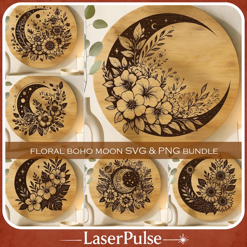 Floral Crescent Moon SVG PNG Bundle – 6 Boho Celestial Moon Phase ...