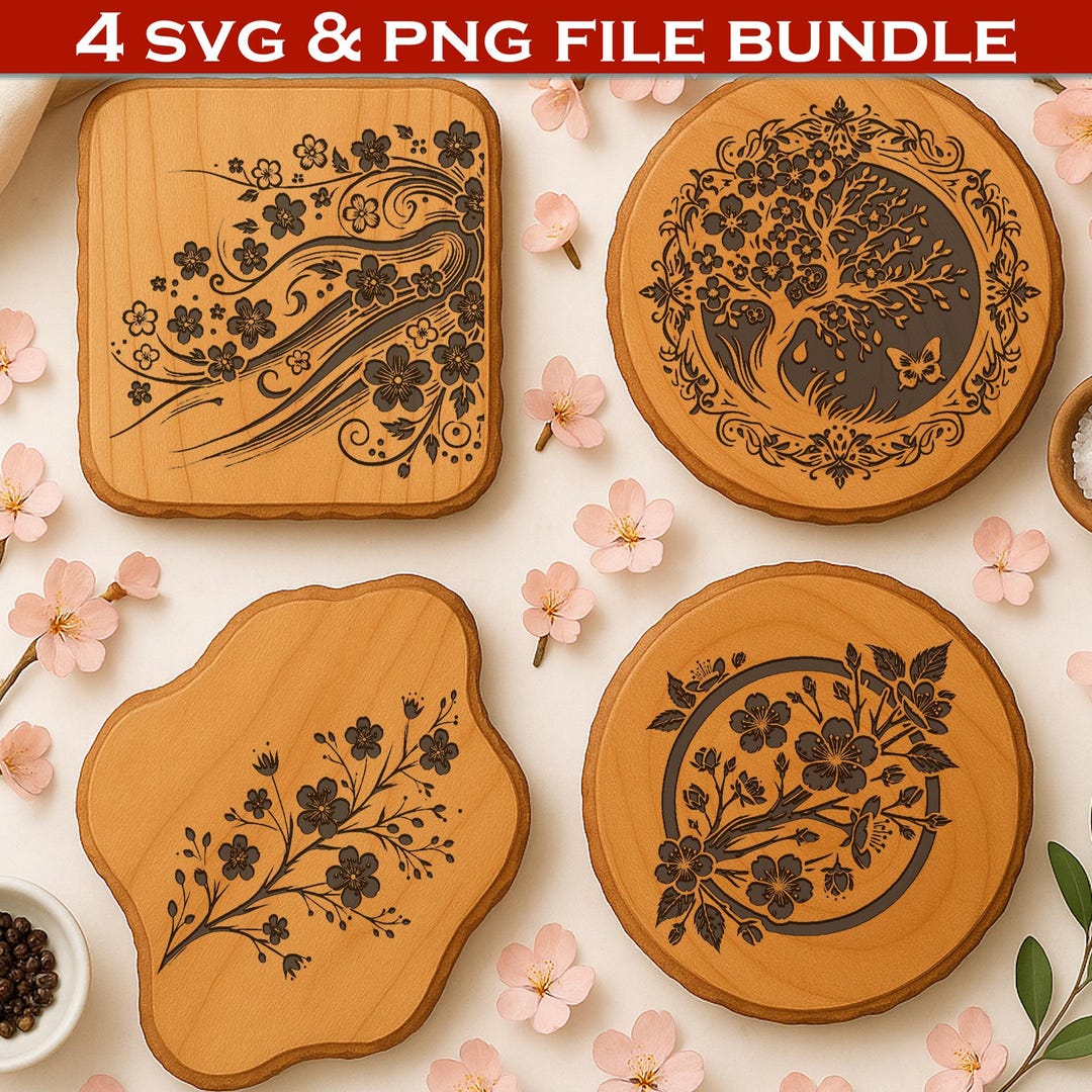 Cherry Blossom Tree SVG Bundle | 4 Elegant Floral Engraving Designs ...
