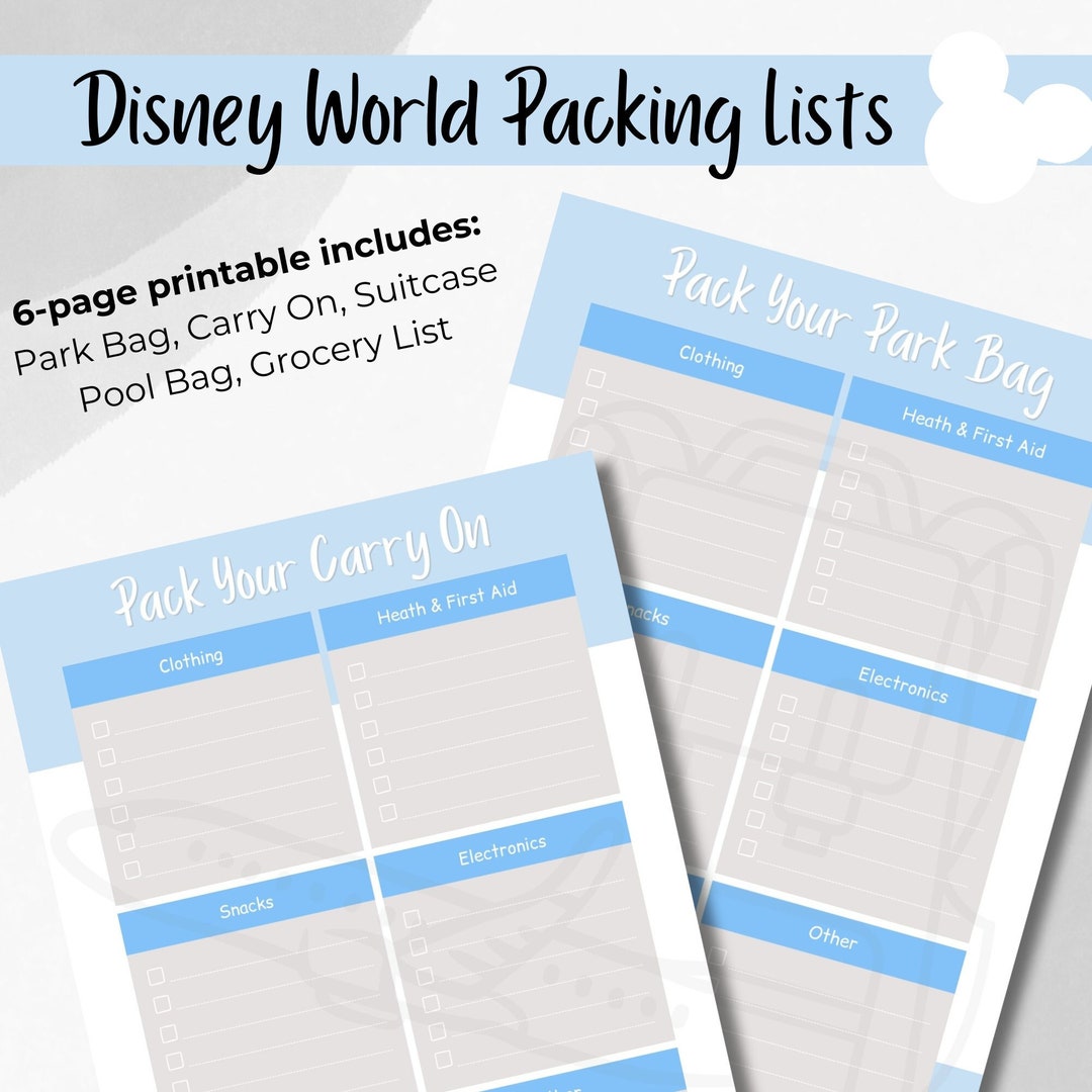 WDW Packing List Printable Suitcase, Carry On, Park Bag, Pool Bag ...