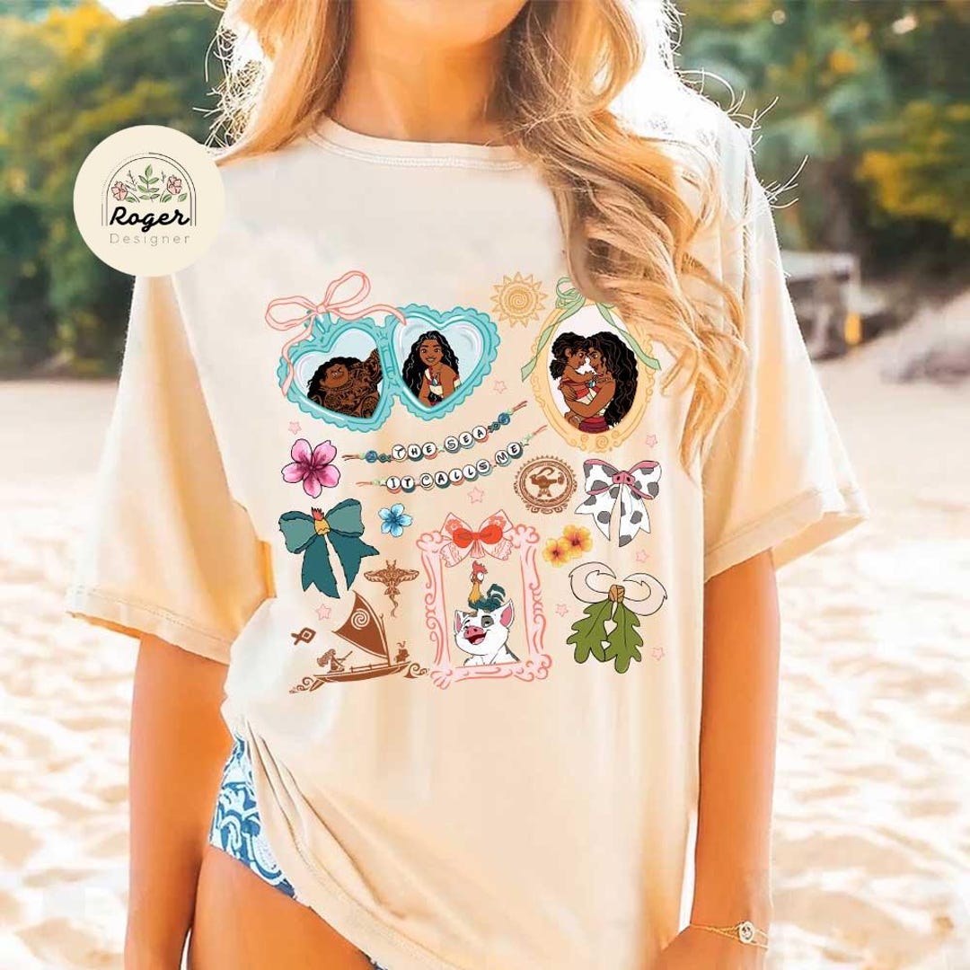 Retro Coquette Bows Disney Moana T-shirt, Maui Moana Hei Hei and Pua ...