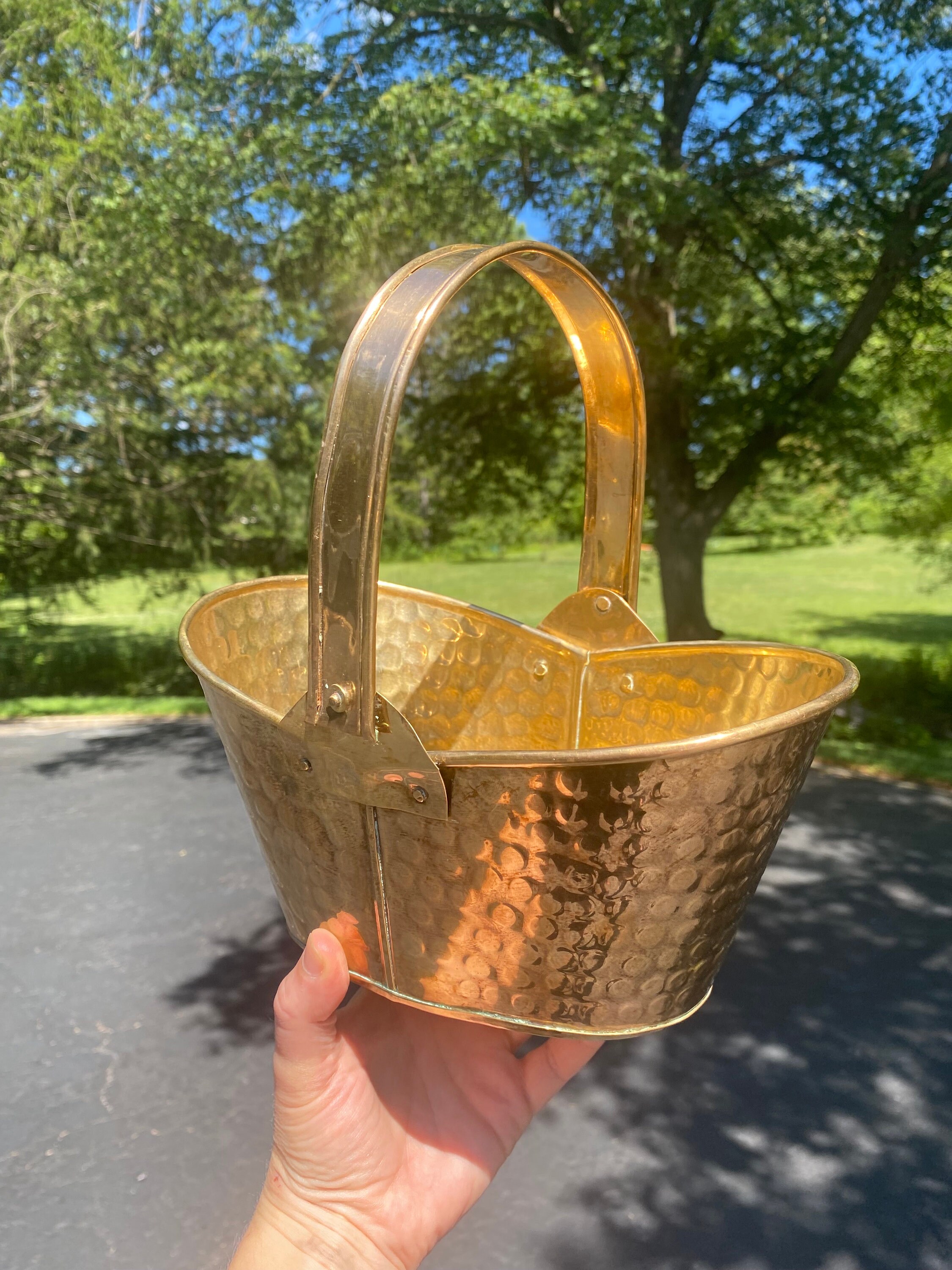 Vintage Rustic Hammered Solid Brass Basket With Movable Handle Made in ...
