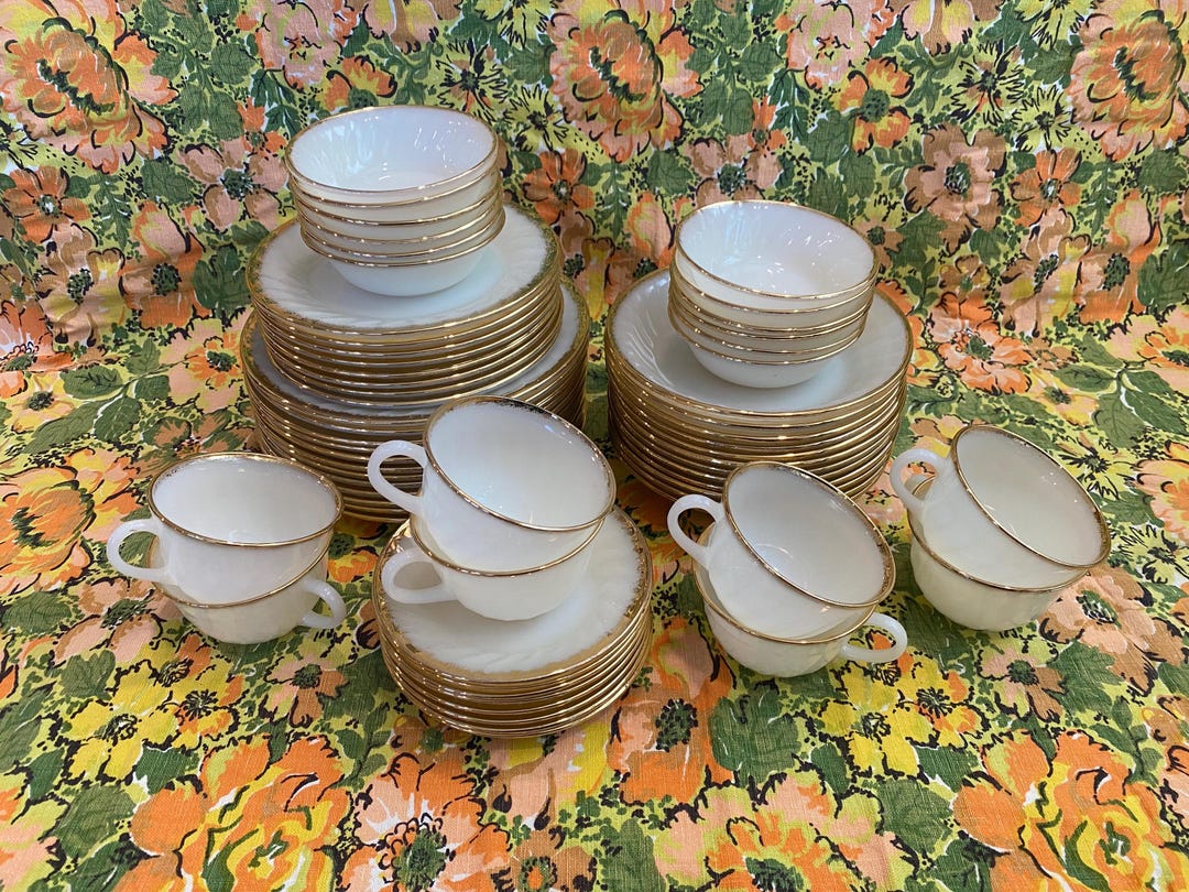 Vintage 60-piece Fire King Golden Anniversary Milk Glass Dinnerware Set ...
