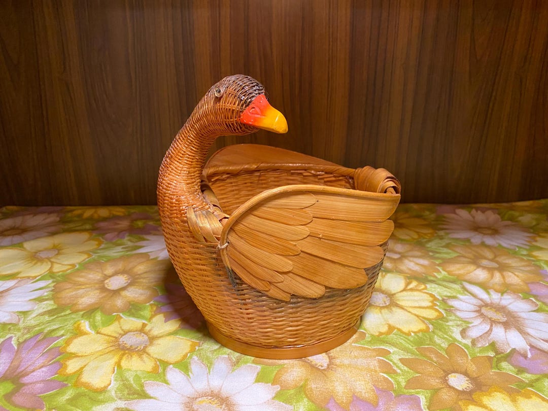 Vintage Wicker Rattan Duck With Wooden Beak Decorative Basket - Etsy