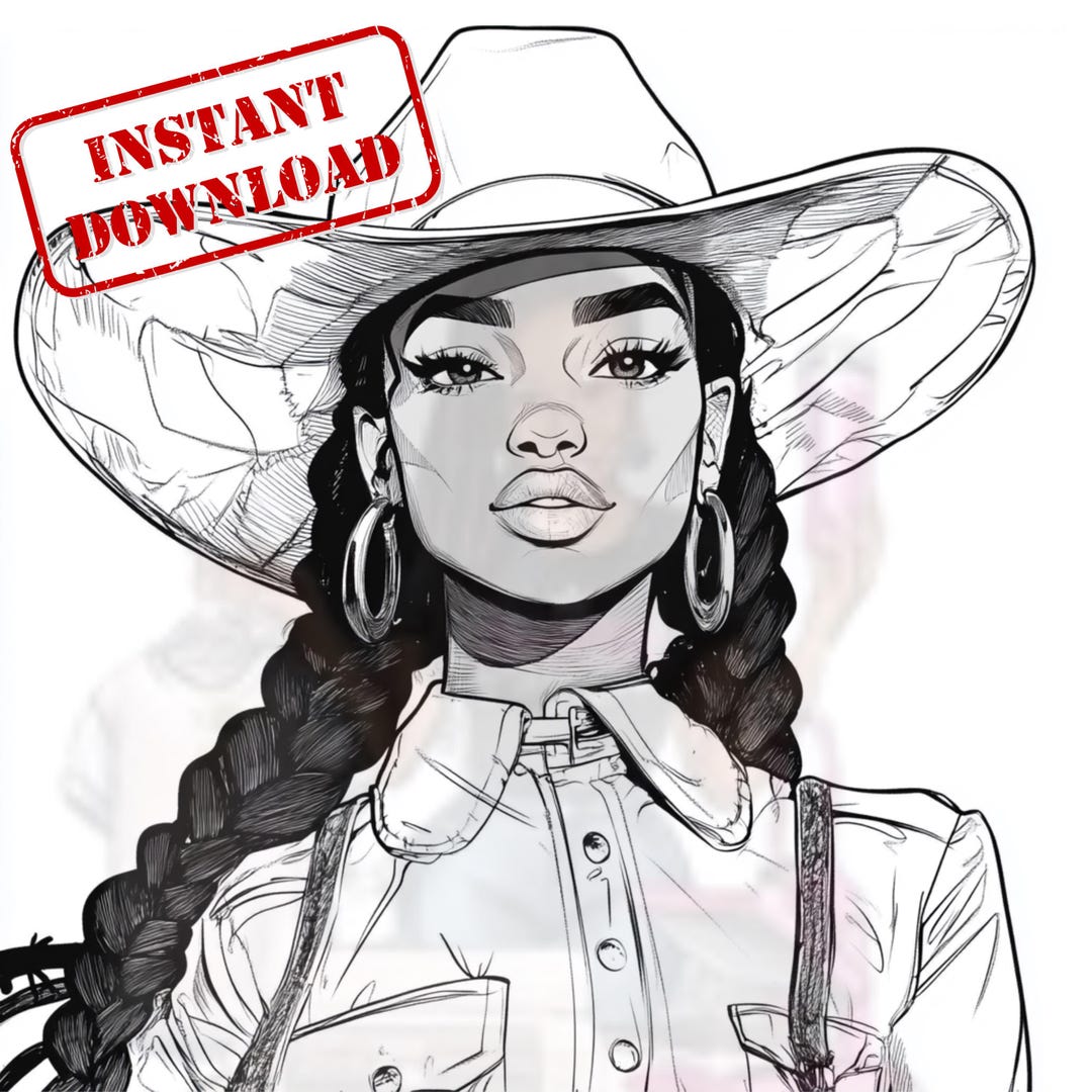 Black Cowgirl Coloring Page: Western Woman Line Art (digital Download ...