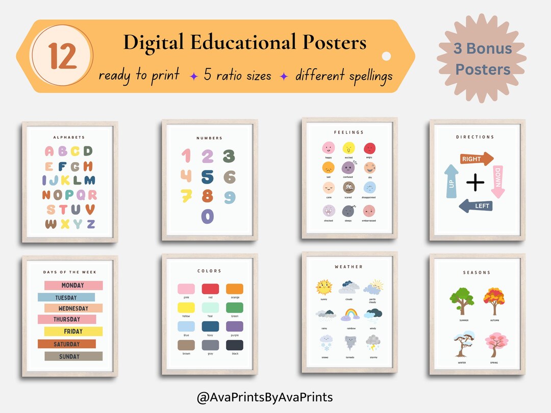 Set of Educational Posters, 12 Classroom Decor Bundle, Playroom Prints ...