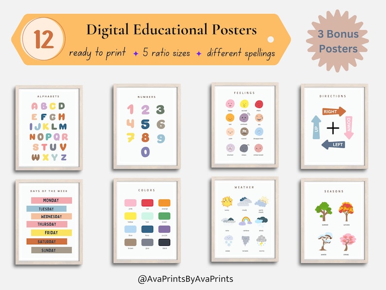 Set of Educational Posters, 12 Classroom Decor Bundle, Playroom Prints ...