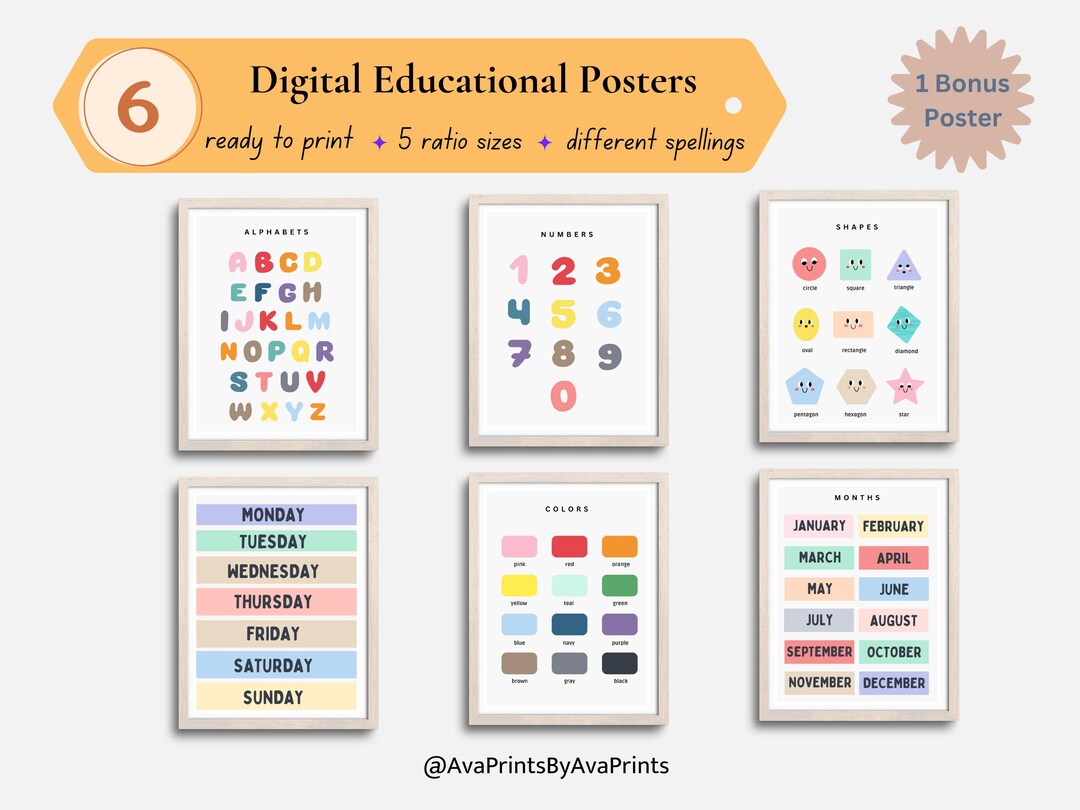 Set of Educational Posters, 6 Homeschool Prints, Toddler Playroom Decor ...