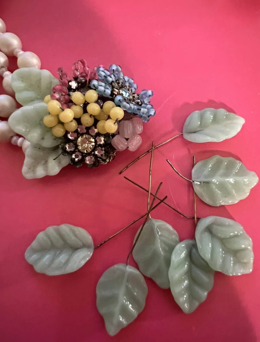 Vintage Lamp Work Jadeite Green Leaf Headpin Miriam Haskell Hard to ...