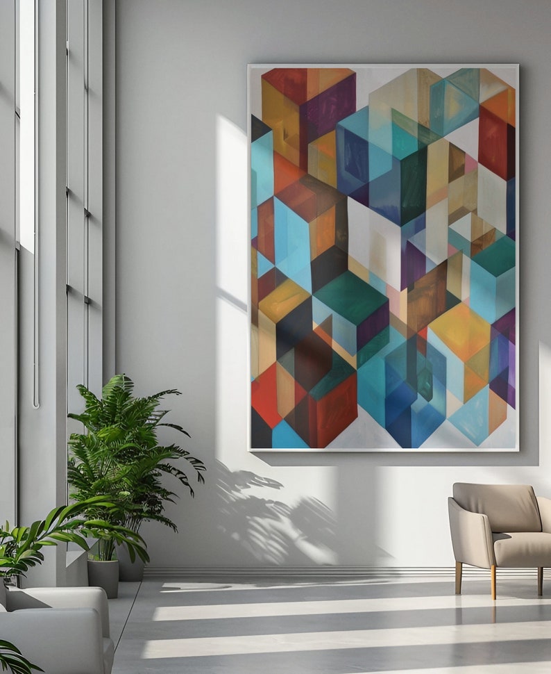 3D Square Cube, Neutral Abstract Geometric Shapes, Color Block Art, Mid ...