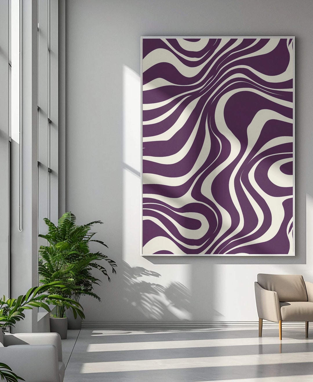 Abstract Purple Wavy Lines Painting Contemporary Home Decor, Stylish ...
