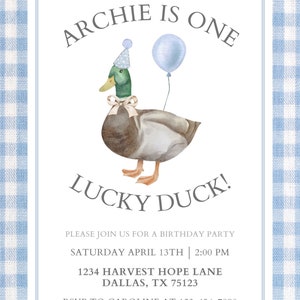 One Lucky Duck Invitation Template, First Birthday Duck, Lucky Duck ...