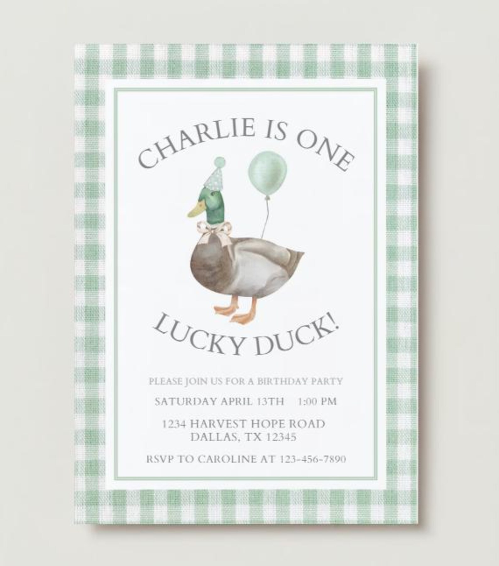 One Lucky Duck Invitation Template in Sage Green, First Birthday Duck ...