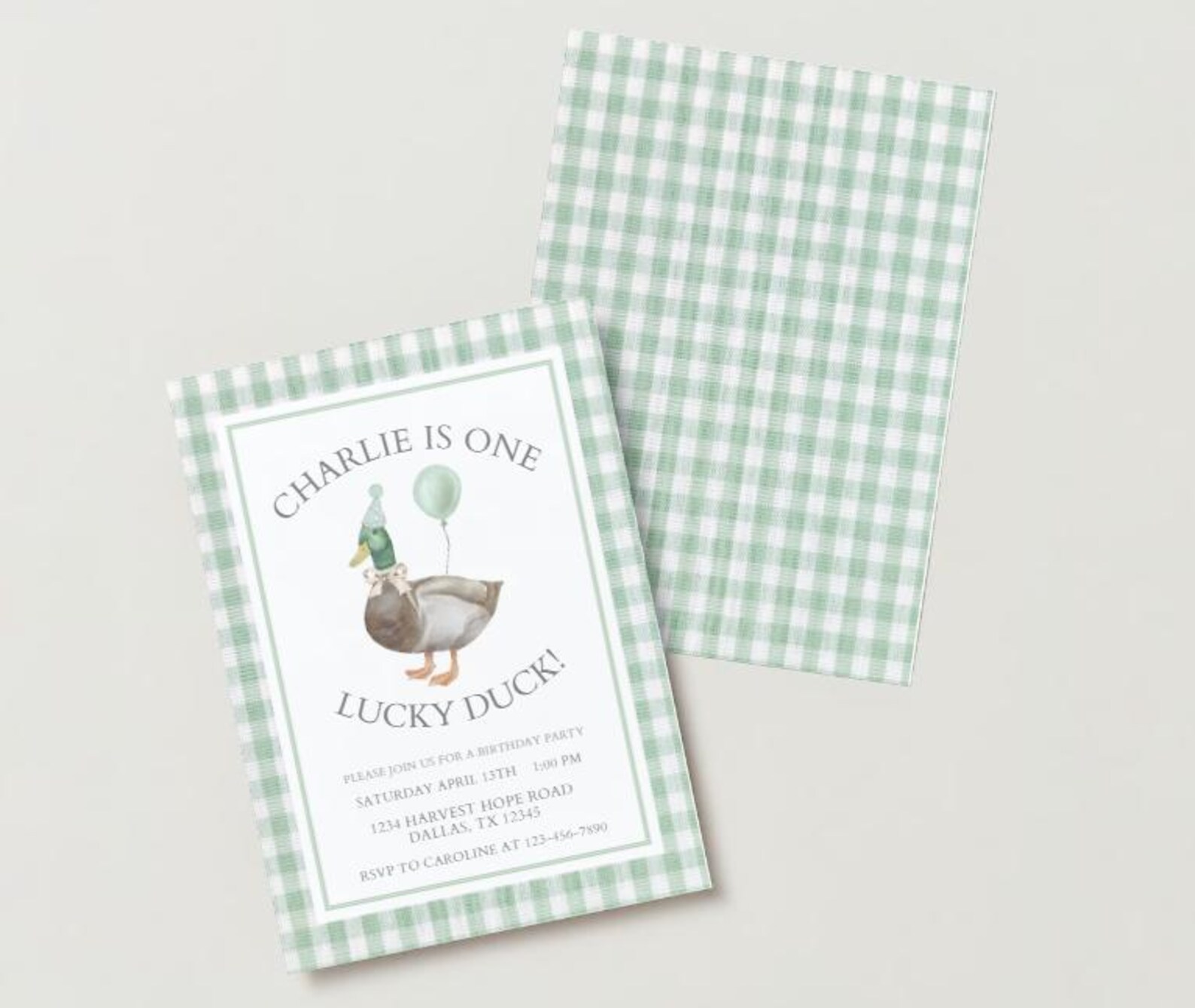 One Lucky Duck Invitation Template in Sage Green, First Birthday Duck ...