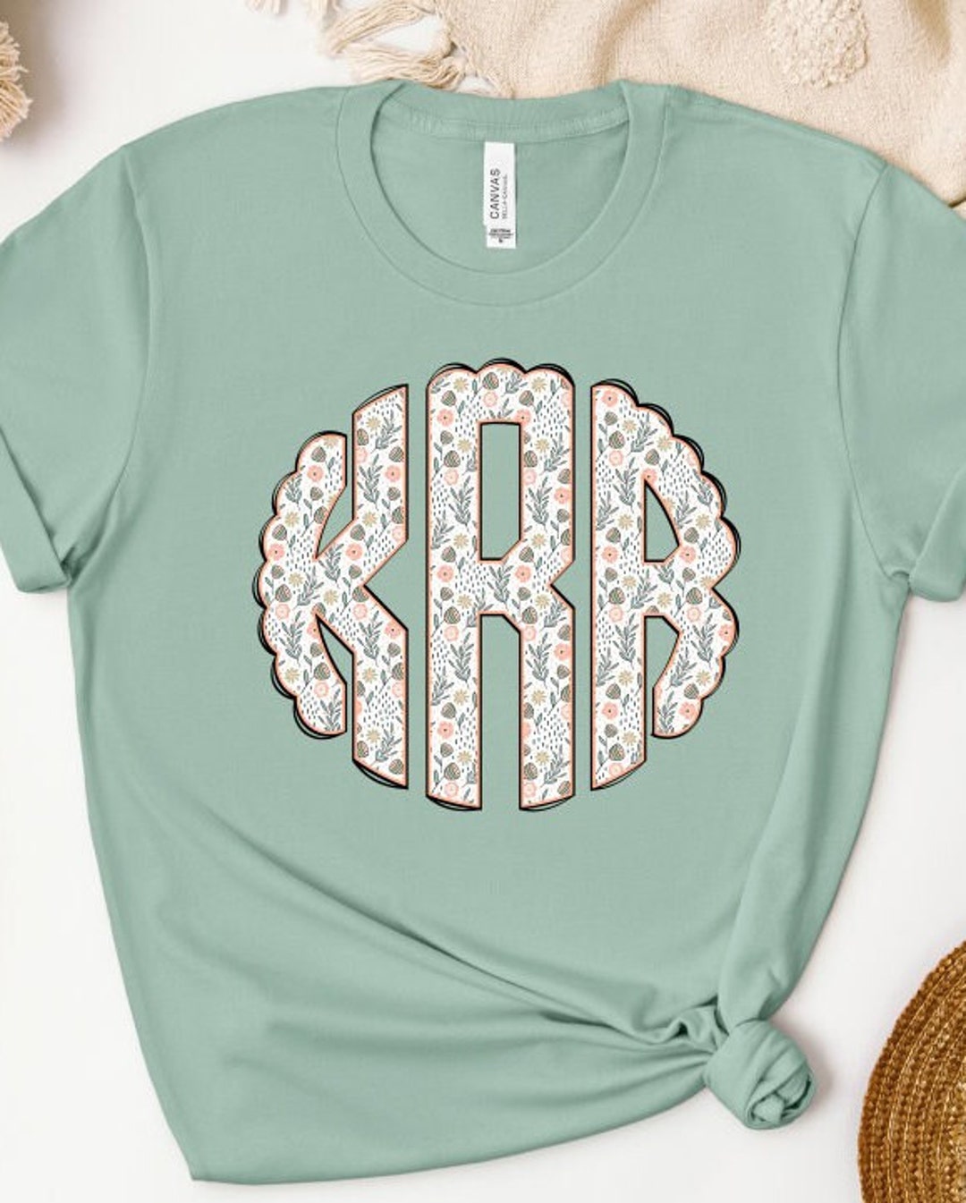 Spring Floral Monogram, Vinyl Monogram, Circle Scalloped Monogram HTV ...
