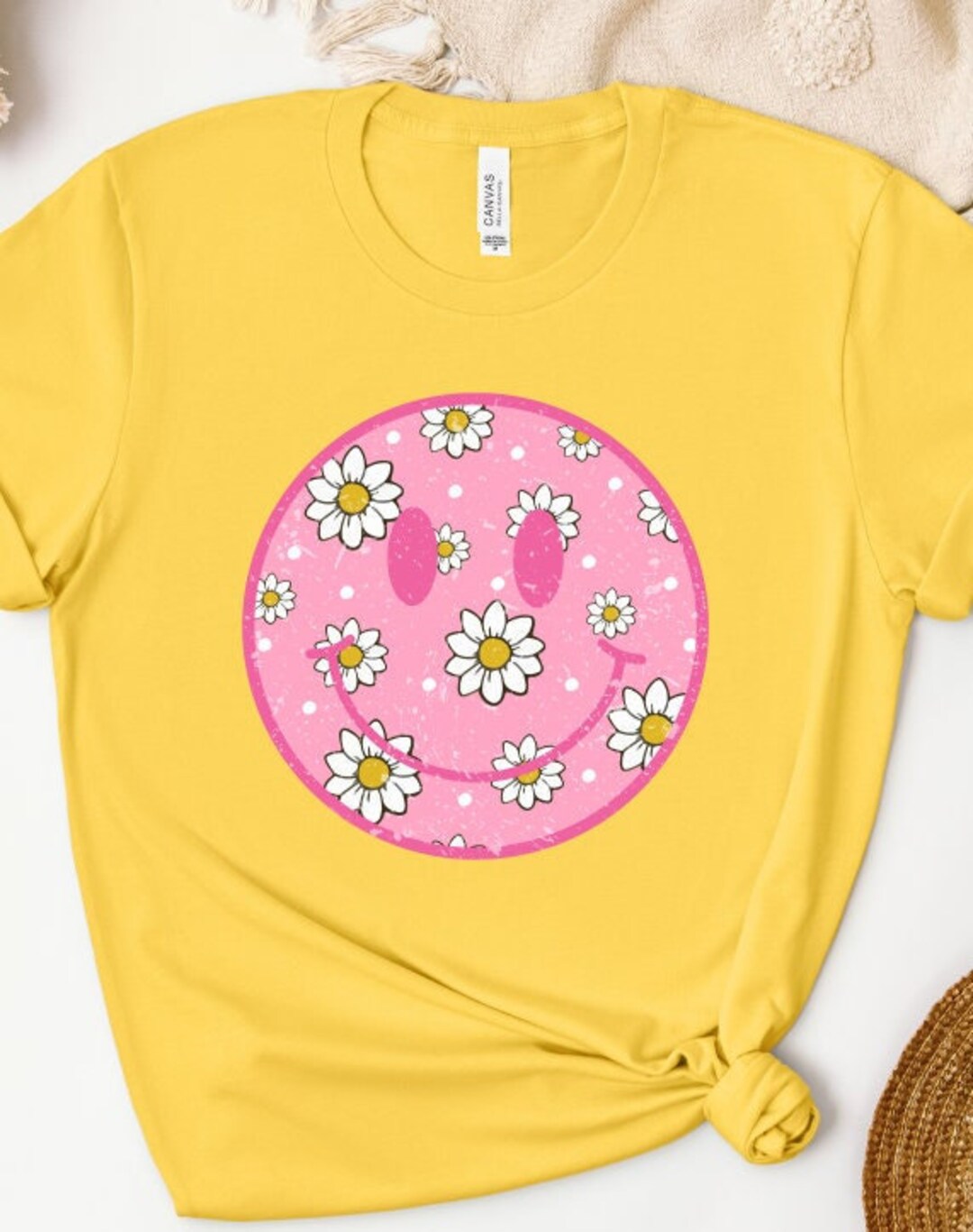 Distressed Pink Daisy Smiley Face Htv, Boho Retro Smiley HTV, Summer ...