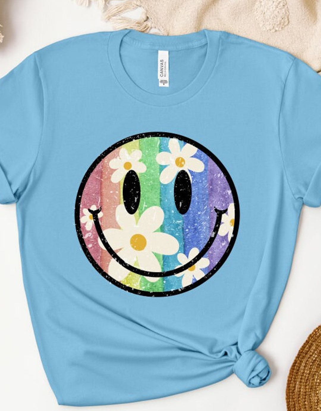 Distressed Retro Daisy Smiley Face Htv, Boho Retro Smiley HTV, Summer ...