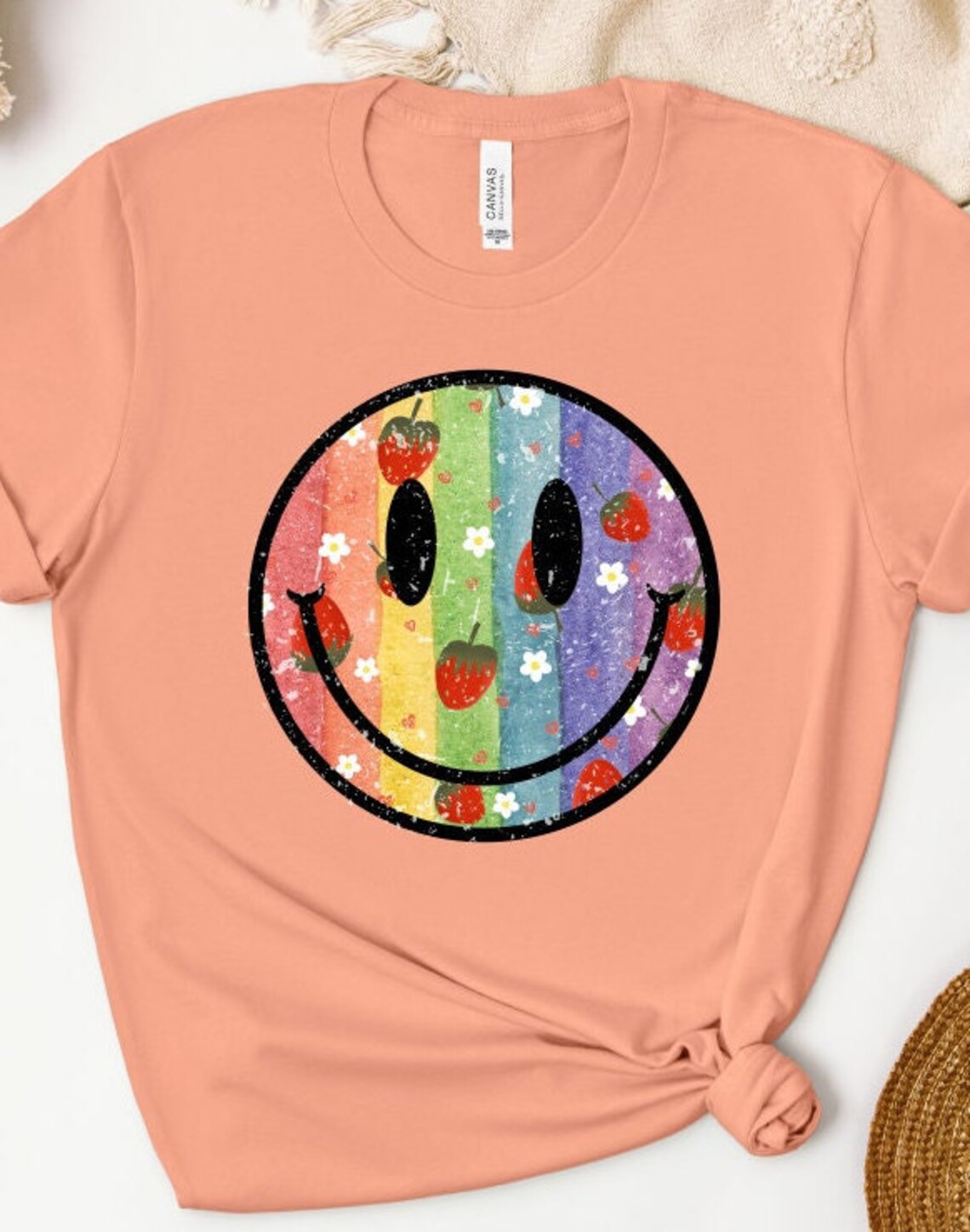 Distressed Retro Strawberry Daisy Smiley Face Htv, Boho Retro Smiley ...