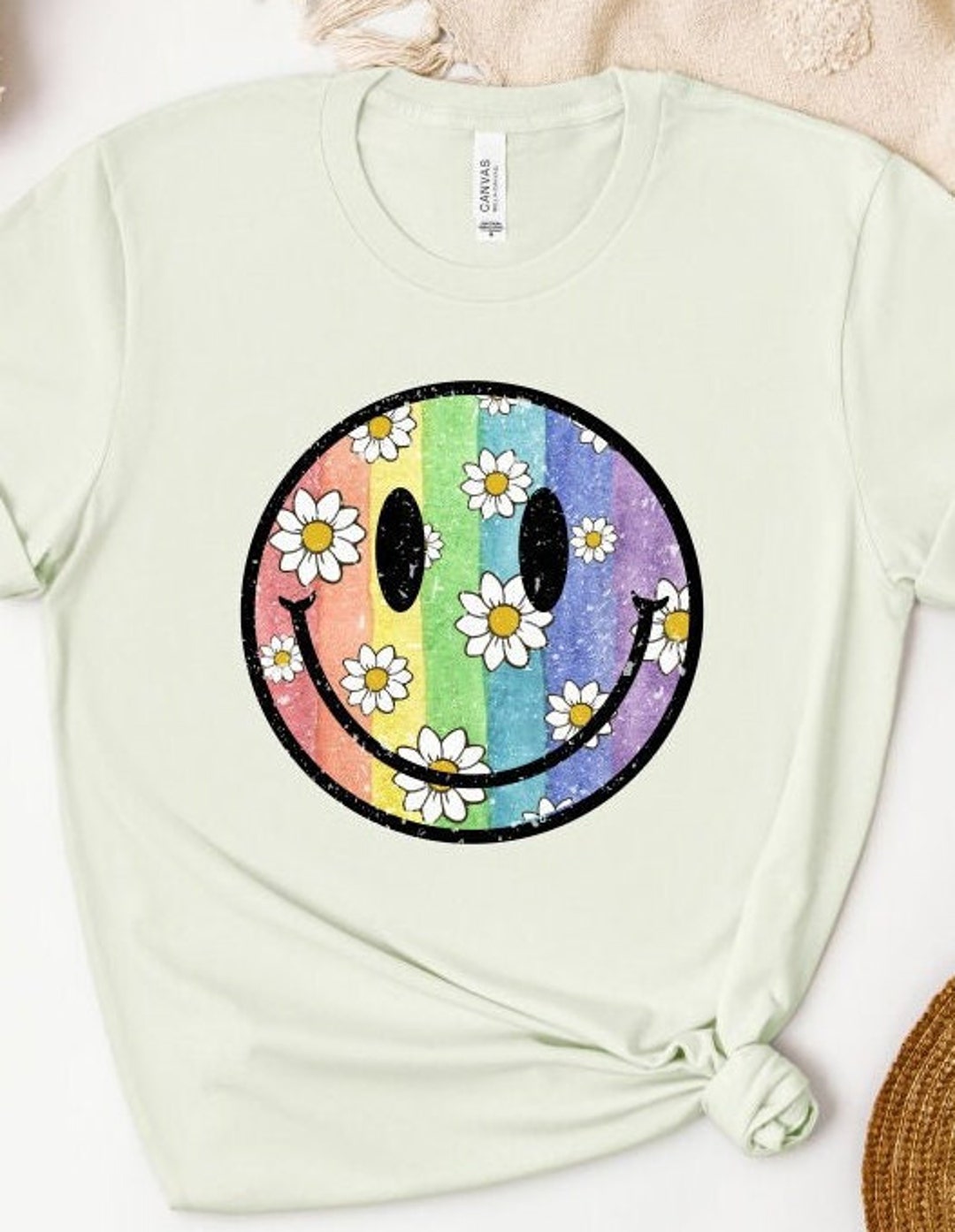 Distressed Boho Daisy Smiley Face Htv, Retro Smiley HTV, Summer HTV ...