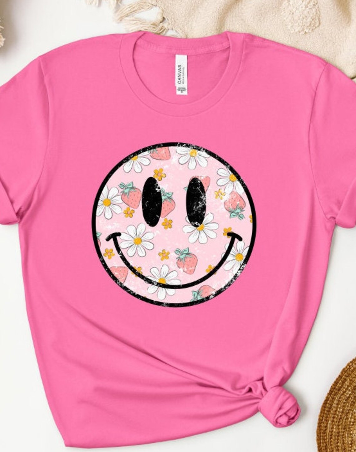 Distressed Retro Strawberry Daisy Smiley Face Htv, Boho Retro Smiley ...