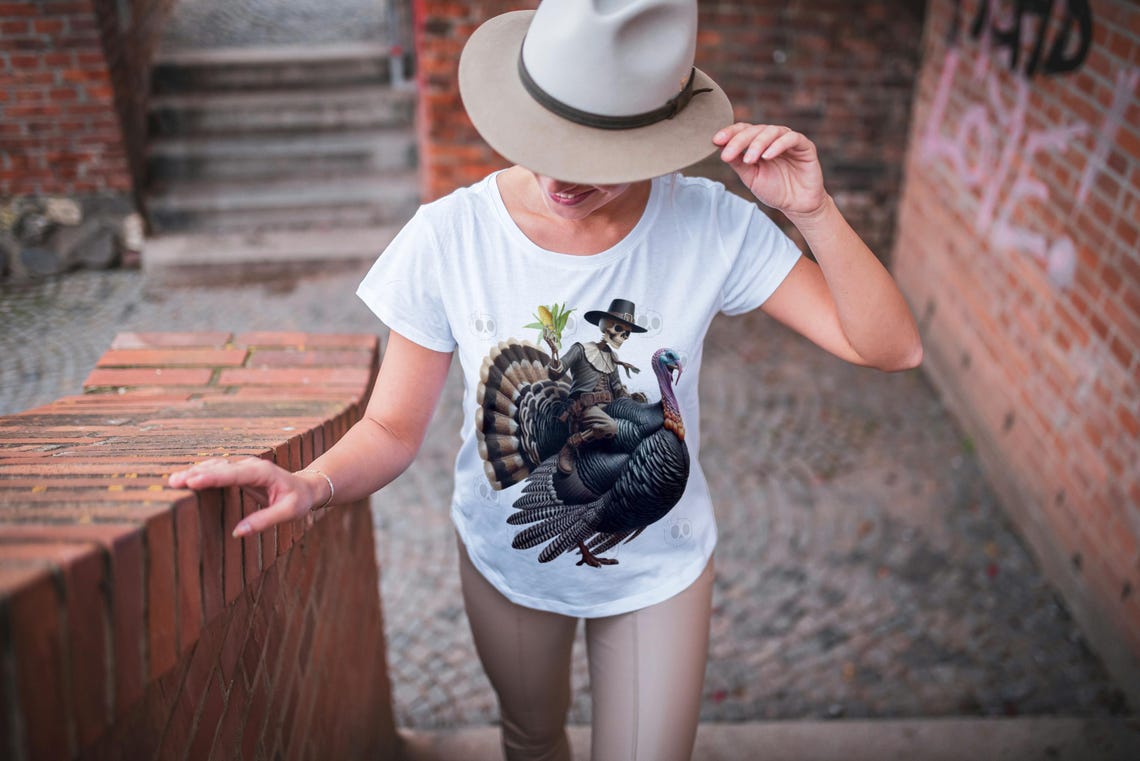 Festive Turkey Ride: Vintage Skeleton Pilgrim Illustration - Etsy