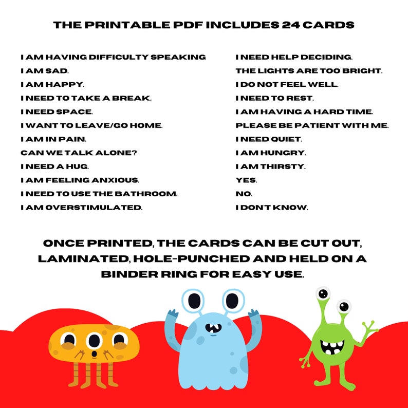Monster Theme Communication Cards, Autism, ADHD Aid (printable PDF) - Etsy